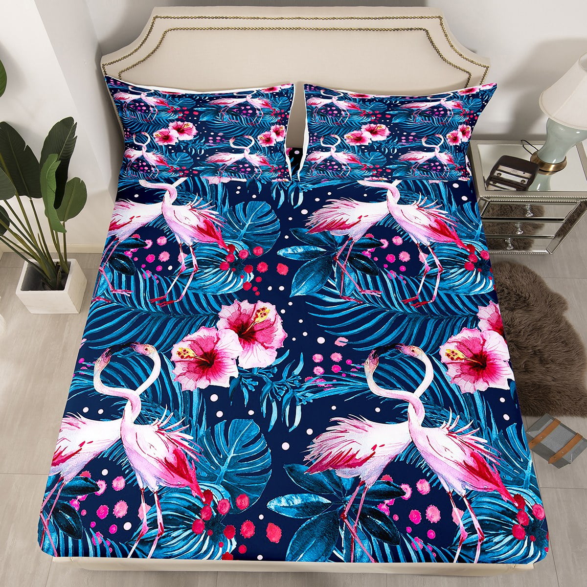 Pink Flamingo Bed Sheets Twin Women Flamingo Decor Fitted Sheet Blue ...