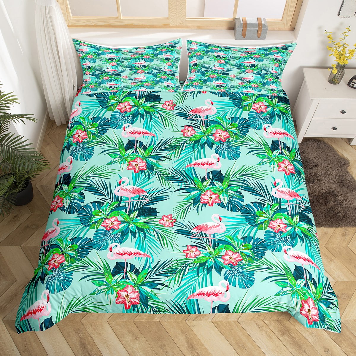 YST Pink Flamingo Bedding for Girls Women Green Palm Leaves Print Duvet ...
