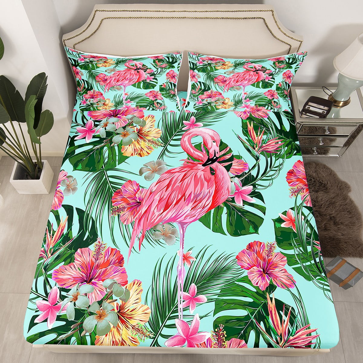 Erosebridal Pink Flamingo Fitted Sheet Full Size Flamingo Decor Bed ...