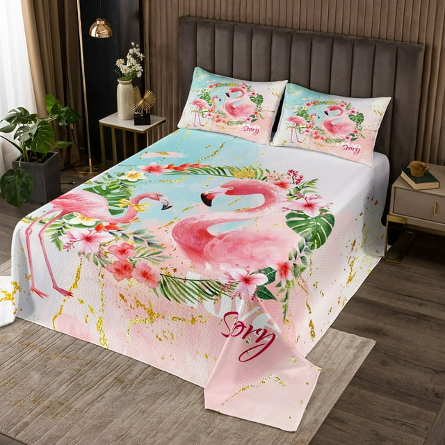 YST Pink Flamingo Quilt Set Girls Flamingo Bedspread King Size Cute ...