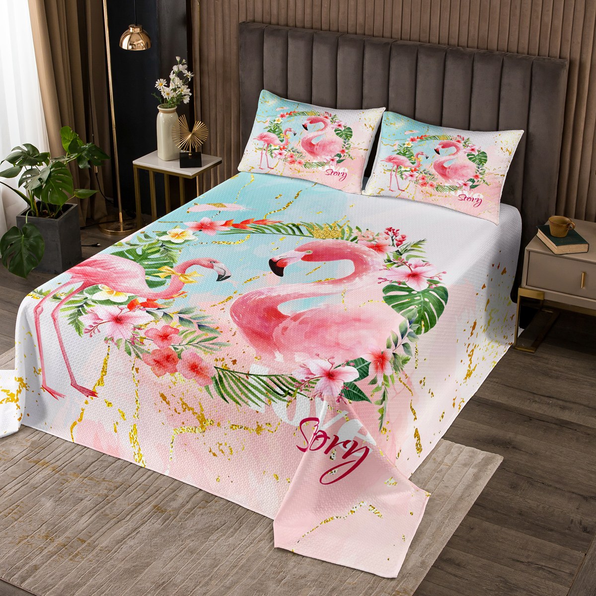 YST Pink Flamingo Quilt Set Girls Flamingo Bedspread King Size Cute ...