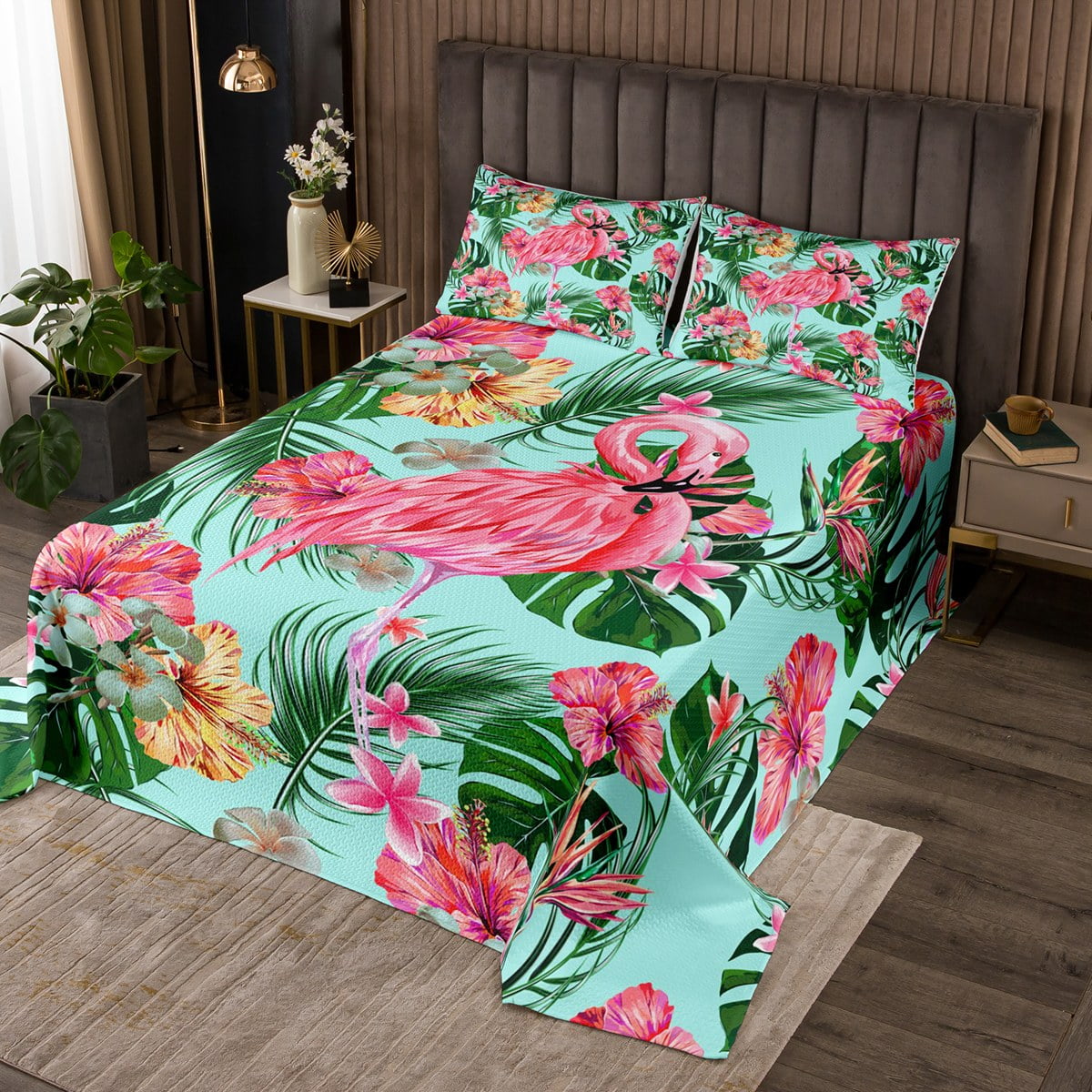 Pink Flamingo Quilt Set Queen Size Flamingo Decor Bedspread Women Green ...