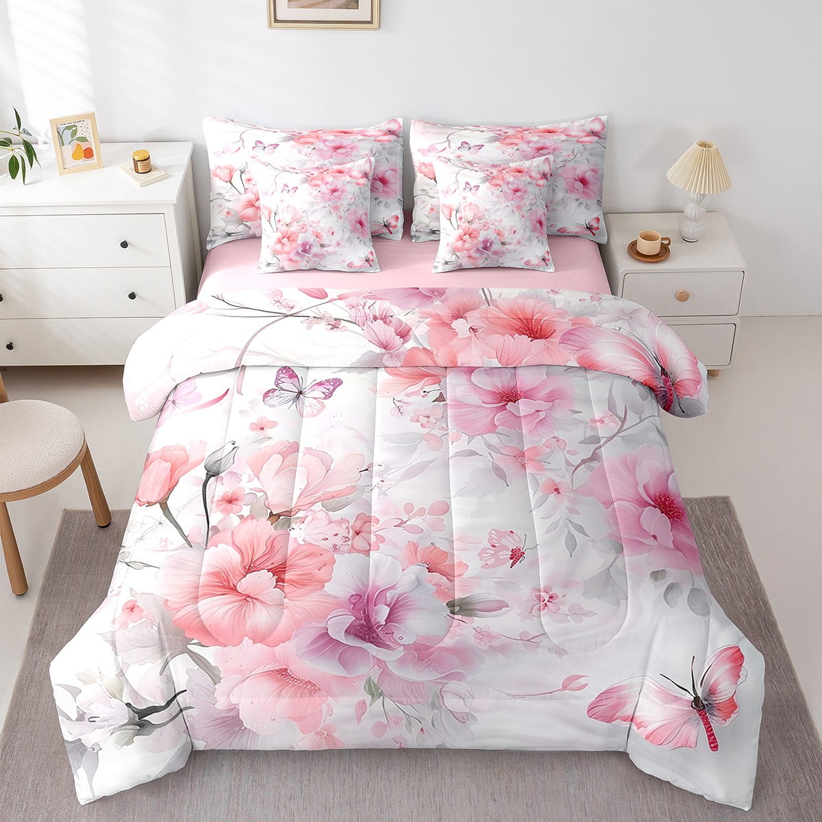 YST Pink Floral Bed in a Bag Queen Comforter Set 7 Piece,Spring Flowers ...