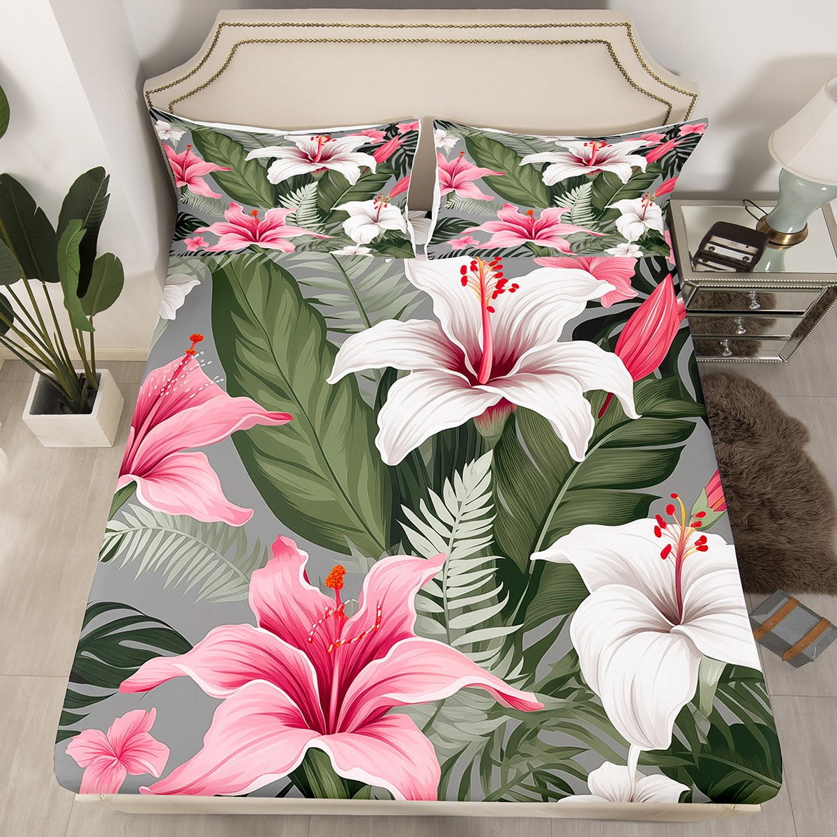 YST Pink Floral Bed Sheets White Flower Fitted Sheet Queen Size Plants ...