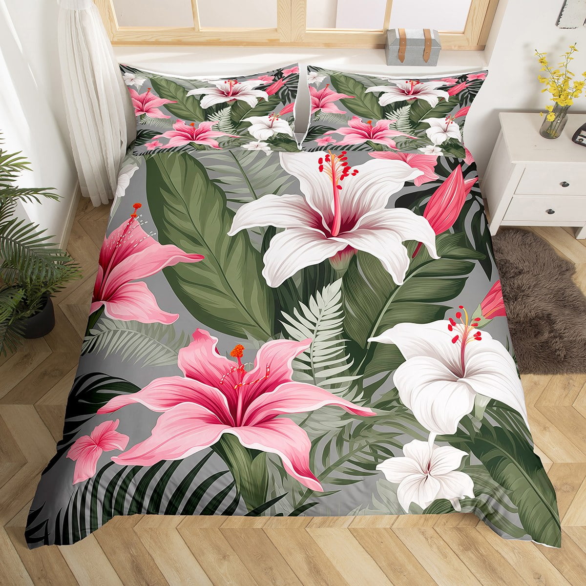 Pink Floral Duvet Cover Full White Flower Bedding Sets Plants Theme ...