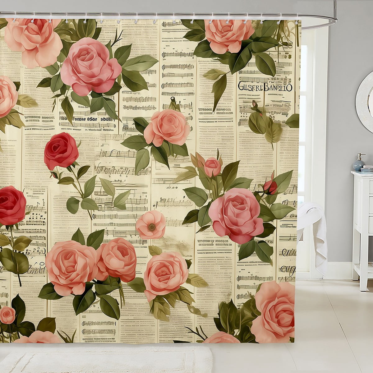Pink Floral Waterproof Fabric,Romantic Flower Bath Curtain,Retro Music ...