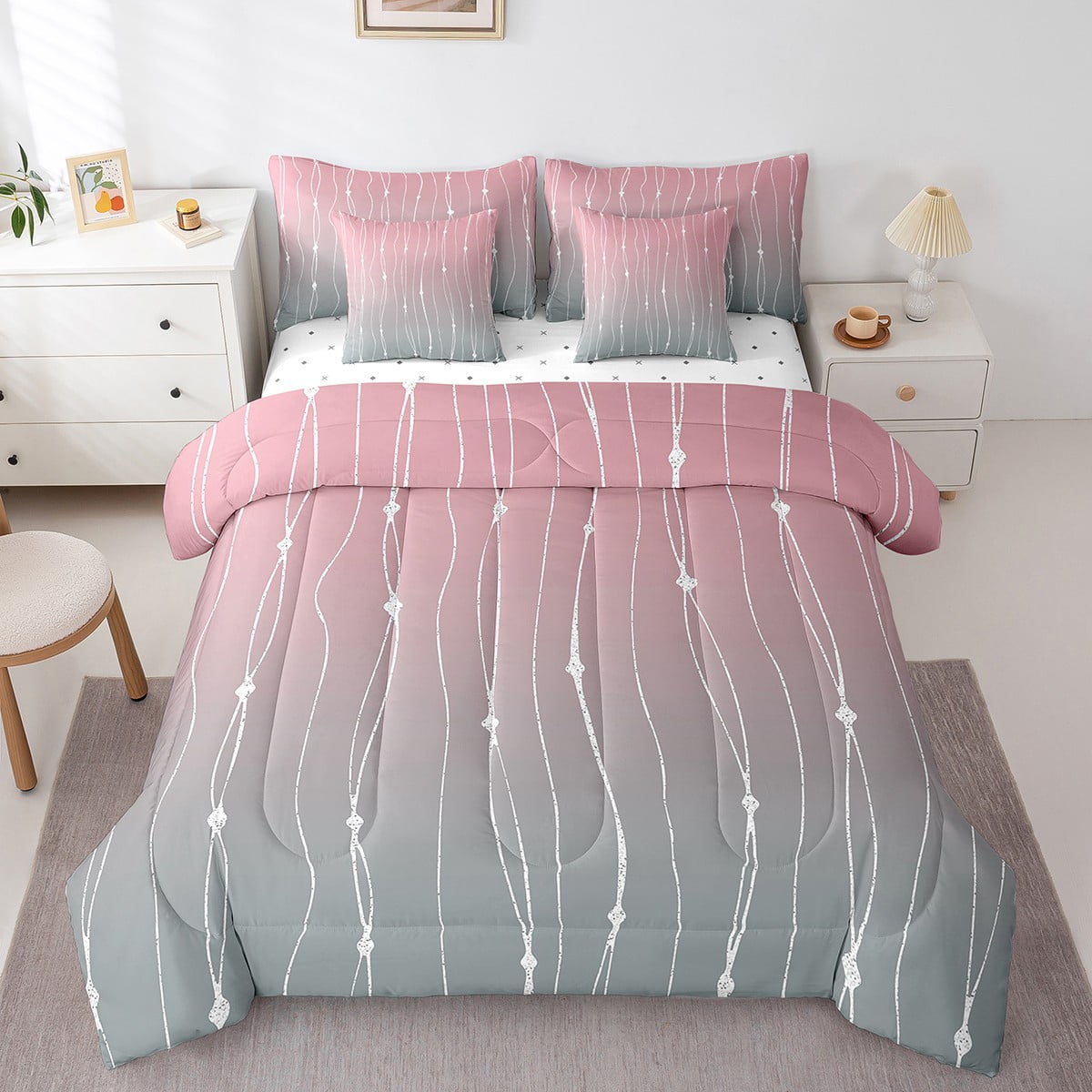 Pink Gradient Full Comforter Set 7-Piece Grey Ombre Bedding Comforter ...