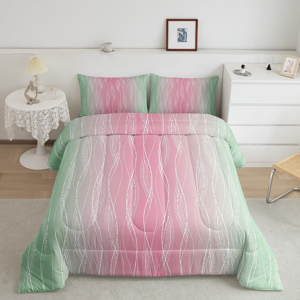 YST Pink And Green Queen Comforter Set Girls Abstract Ombre Bedding Set ...