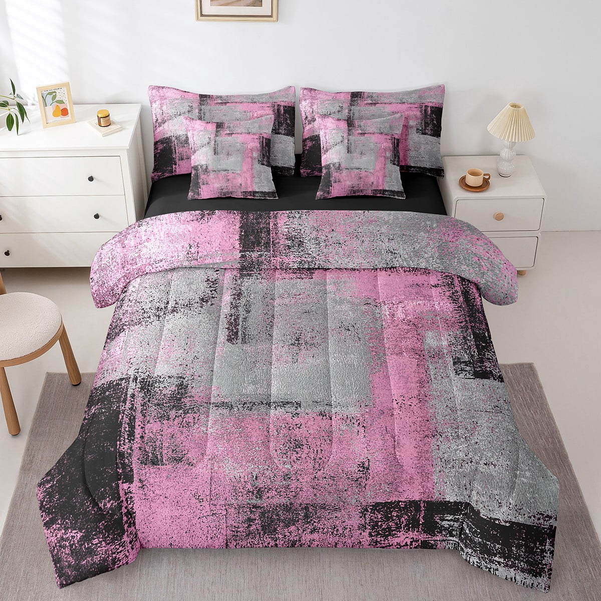 Pink And Grey Comforter Set King 7 Piece Bed In A Bag Pink Gray Black ...