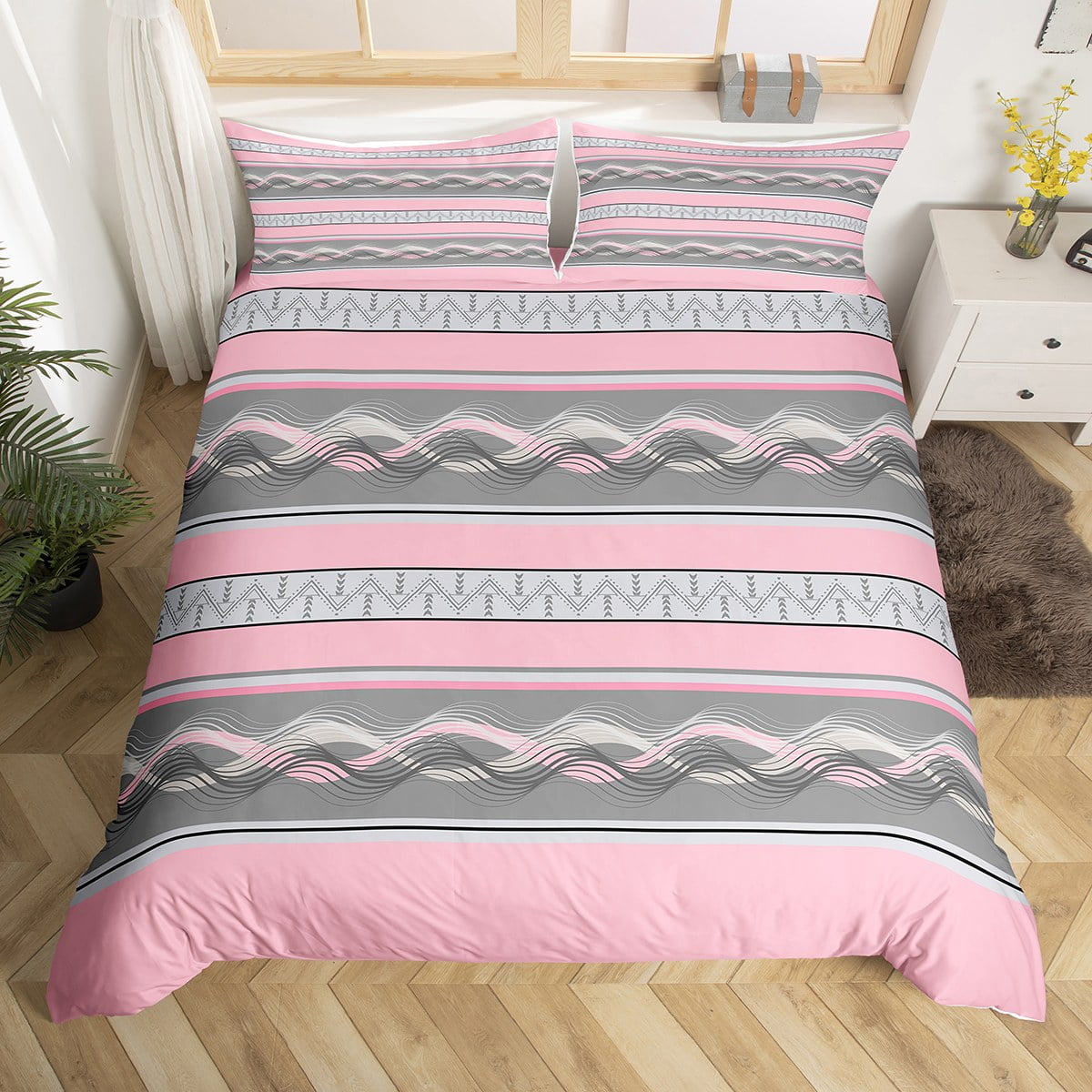 YST Pink Grey Geometric Duvet Cover for Women Girls,Simple Patchwork ...