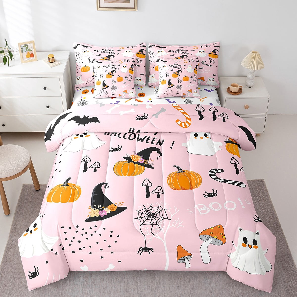 Erosebridal Pink Halloween Comforter Set 7 Piece Full Cute Ghost ...