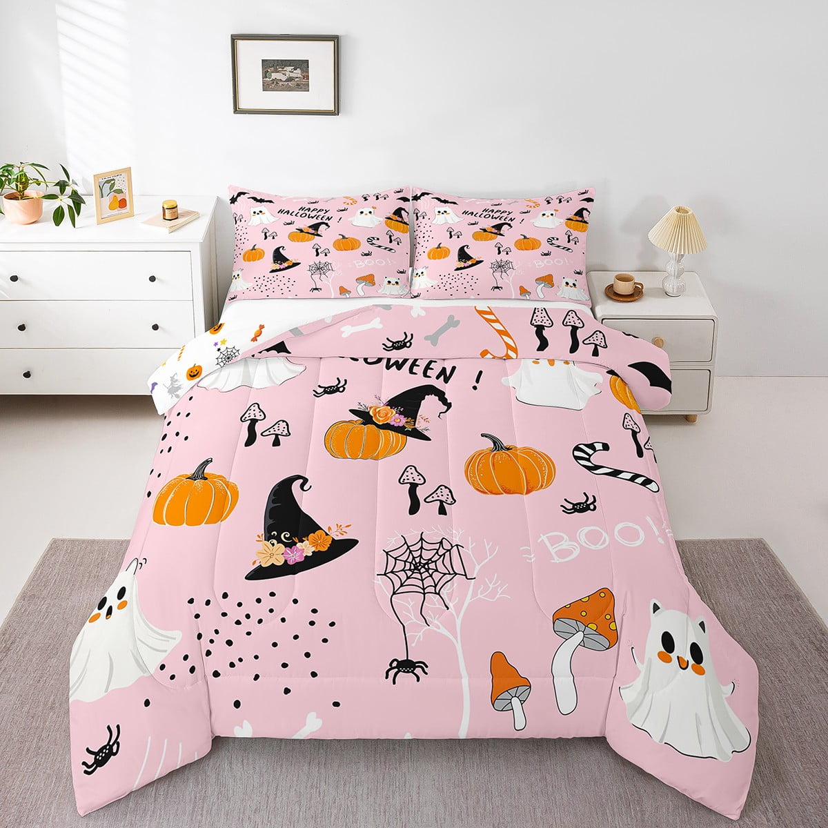 Erosebridal Pink Halloween Comforter Set King Cute Ghost Pumpkin ...