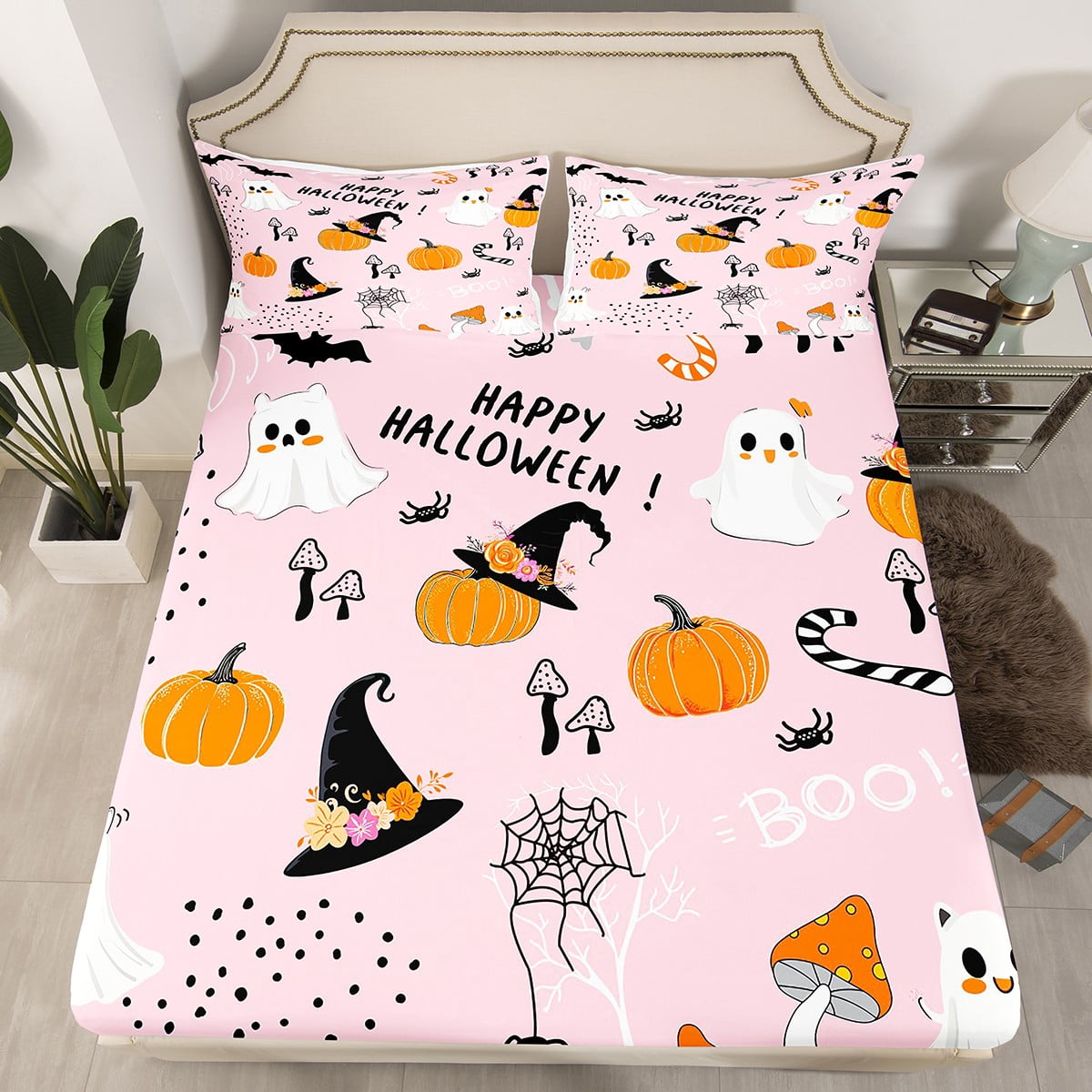 Erosebridal Pink Halloween Fitted Sheet Twin Cute Ghost Pumpkin Bed ...