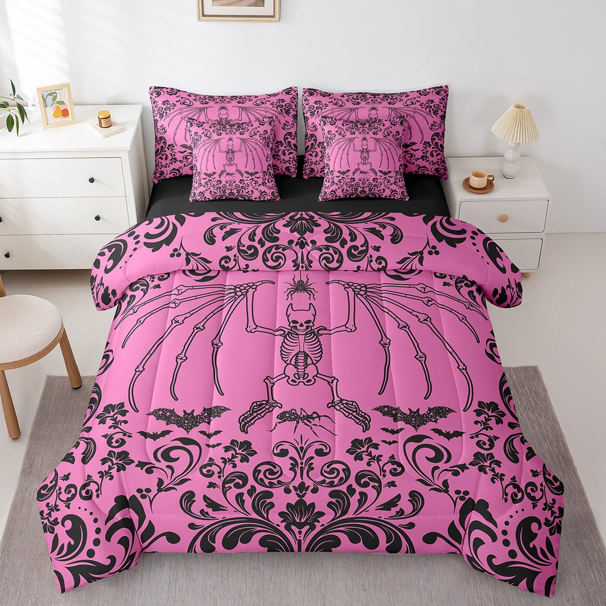 Pink Halloween Moth Bed In A Bag 7 Piece Black Gothic Spider Bats ...