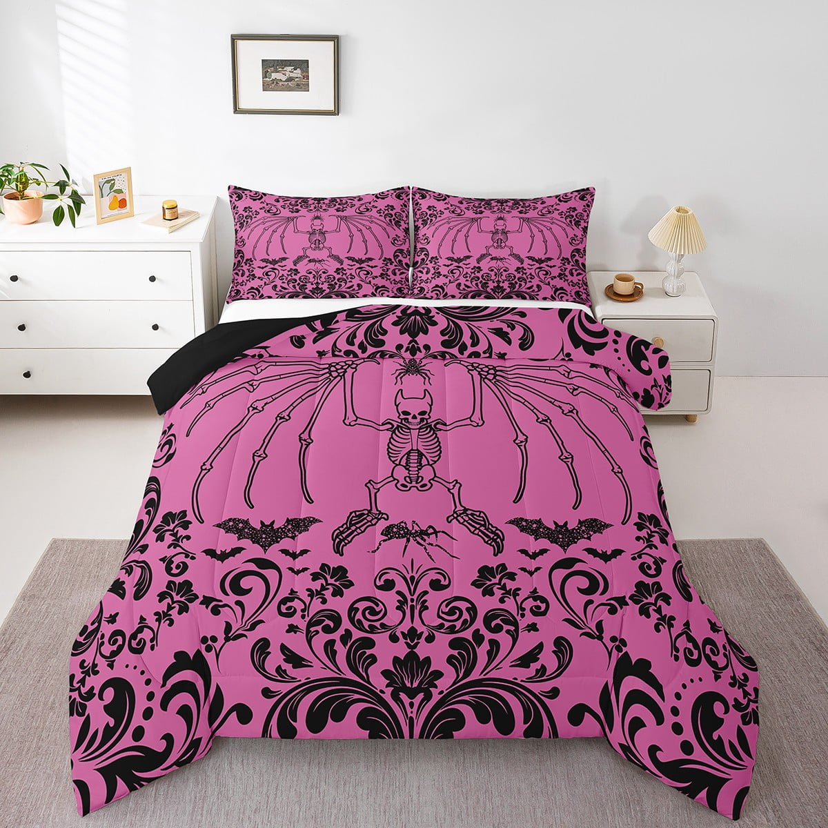 Pink Halloween Moth Bedding Comforter Sets Black Gothic Spider Bats ...