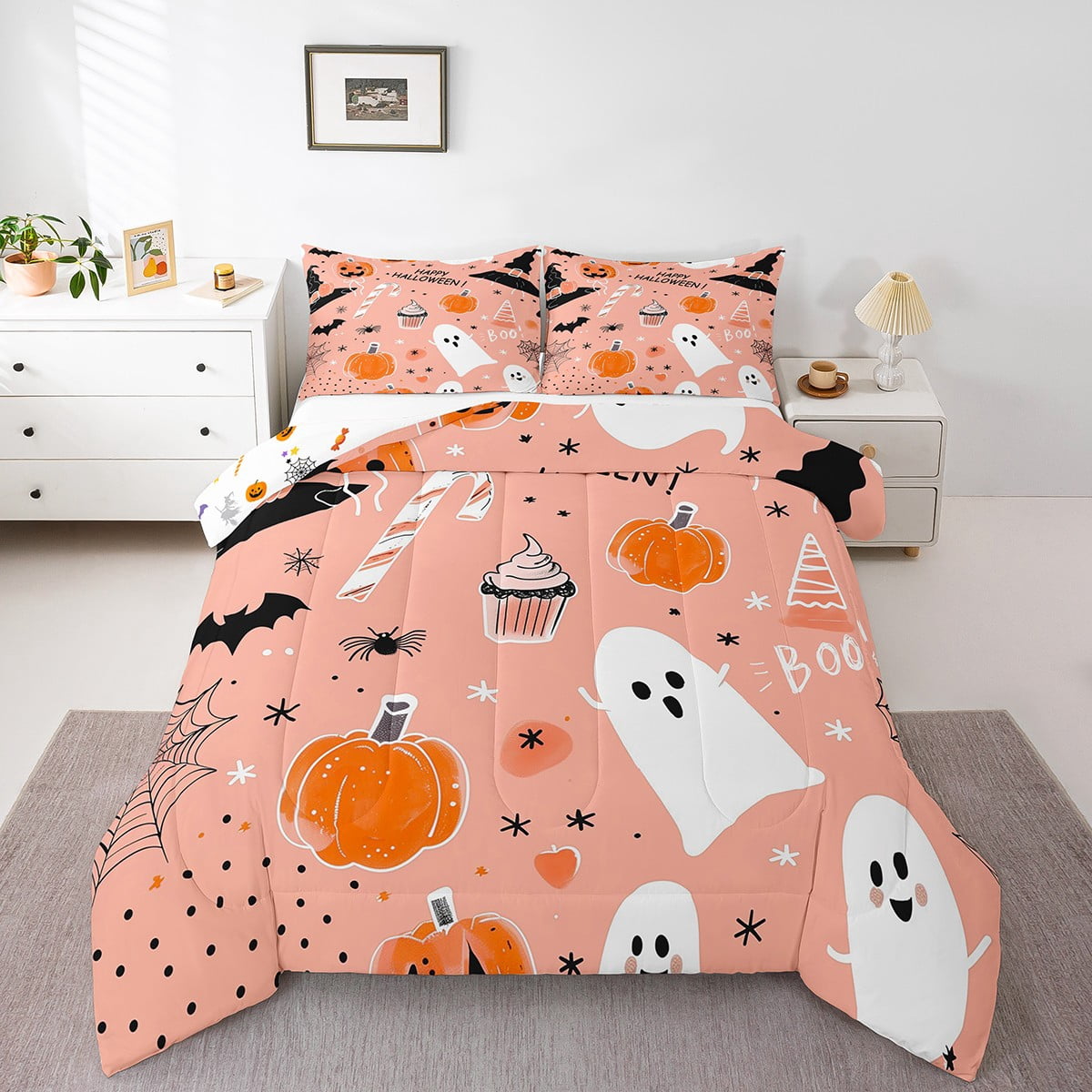 Pink Happy Halloween Bedding Queen,Pumpkin Comforter Set for Halloween ...