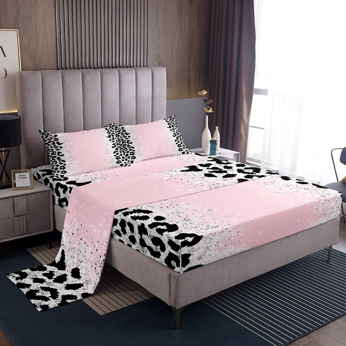 YST Pink Leopard Printed Bed Sheets Set King,Cheetah Pattern Glitter ...