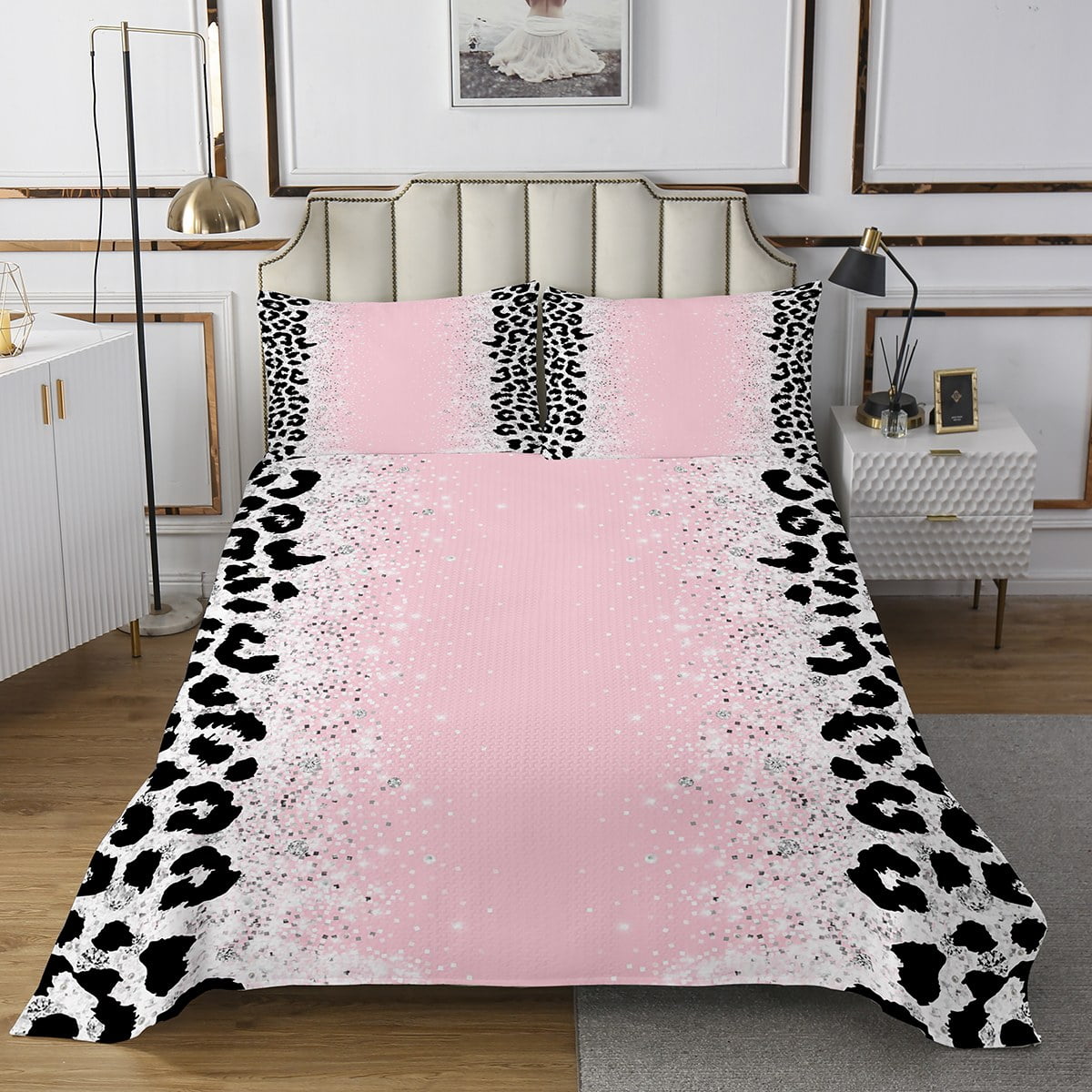 Pink Leopard Printed Quilt Set Queen,Cheetah Pattern Glitter Bedding ...