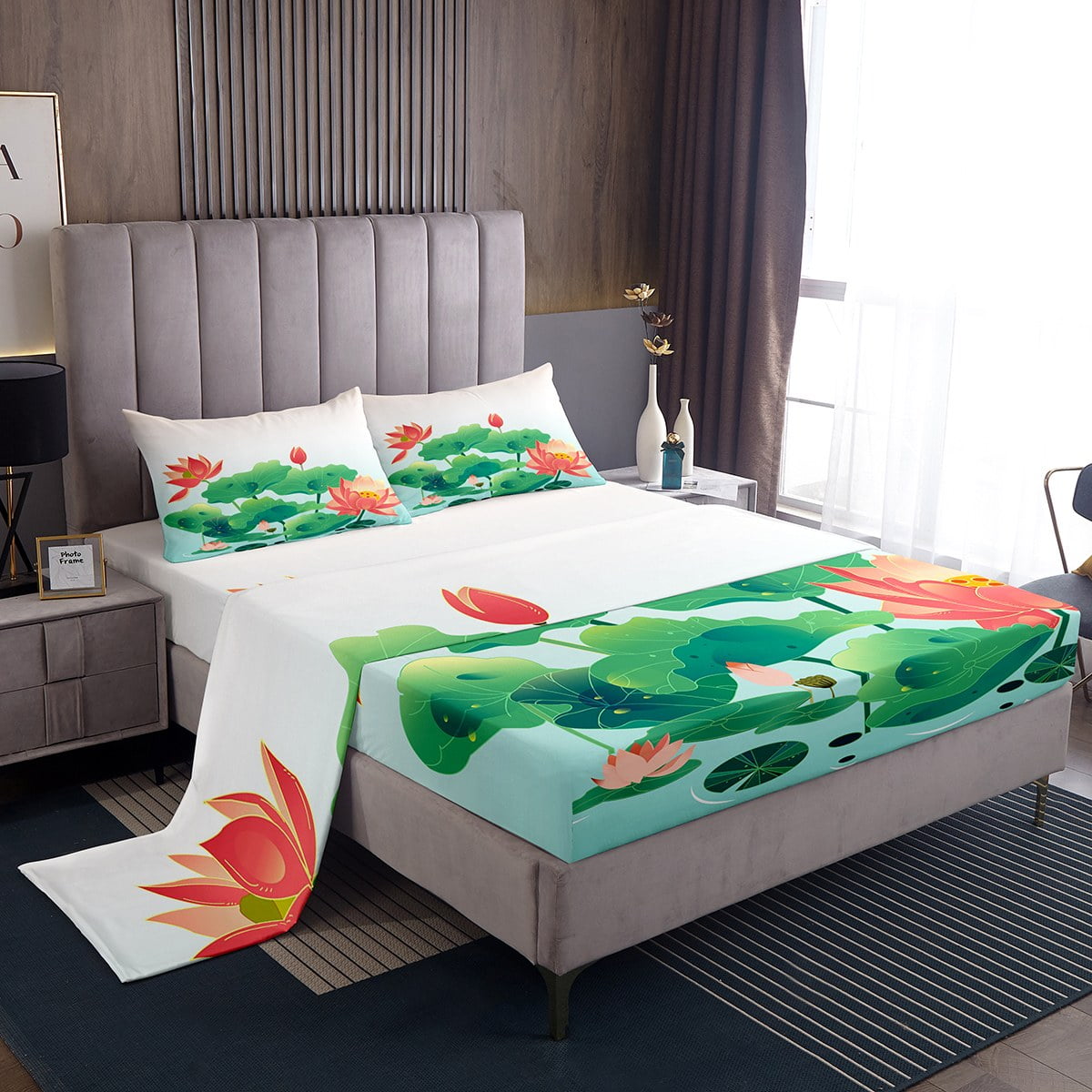 YST Pink Lotus Flower Bed Set Green Lotus Leaves Bed Sheets Set, Beige ...