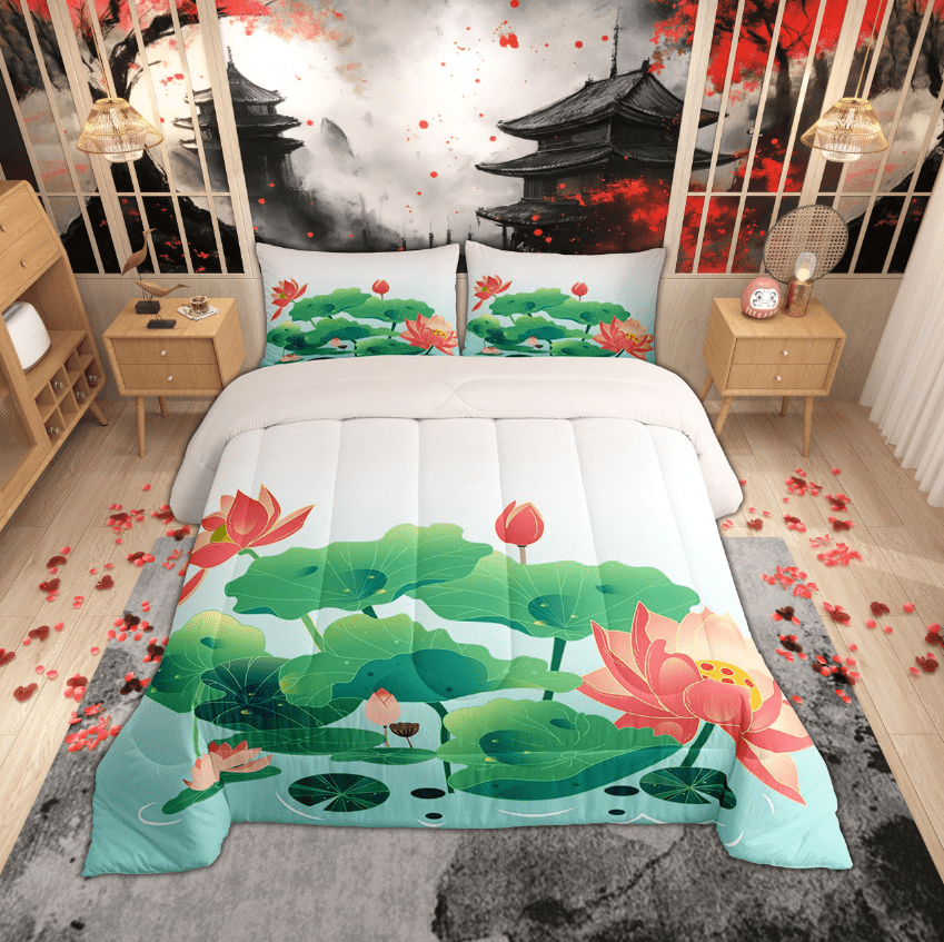YST Pink Lotus Flower Bedding Set Twin Green Lotus Leaves Comforter Set ...