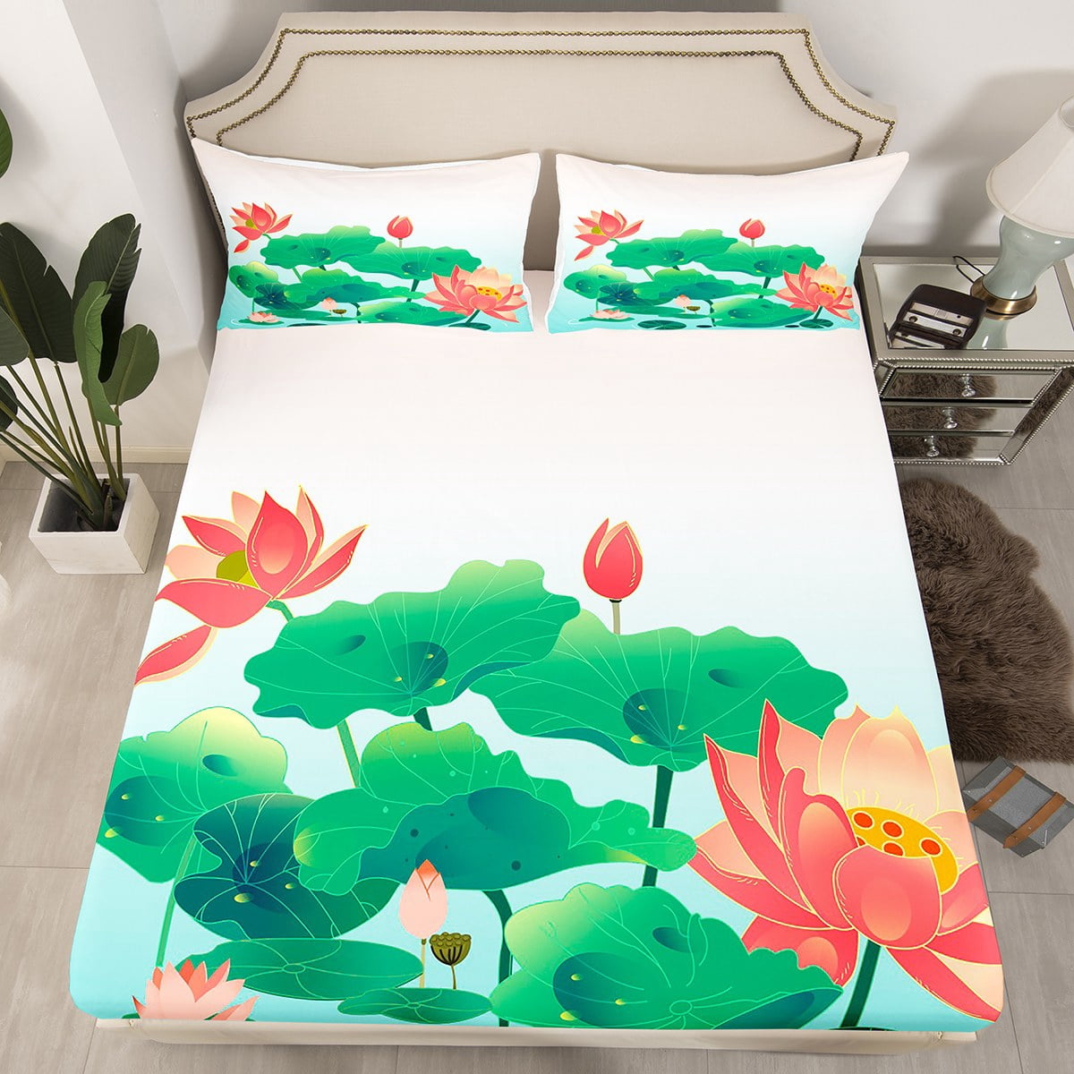 Pink Lotus Flower Twin Fitted Sheet Green Lotus Leaves Sheets, Beige ...