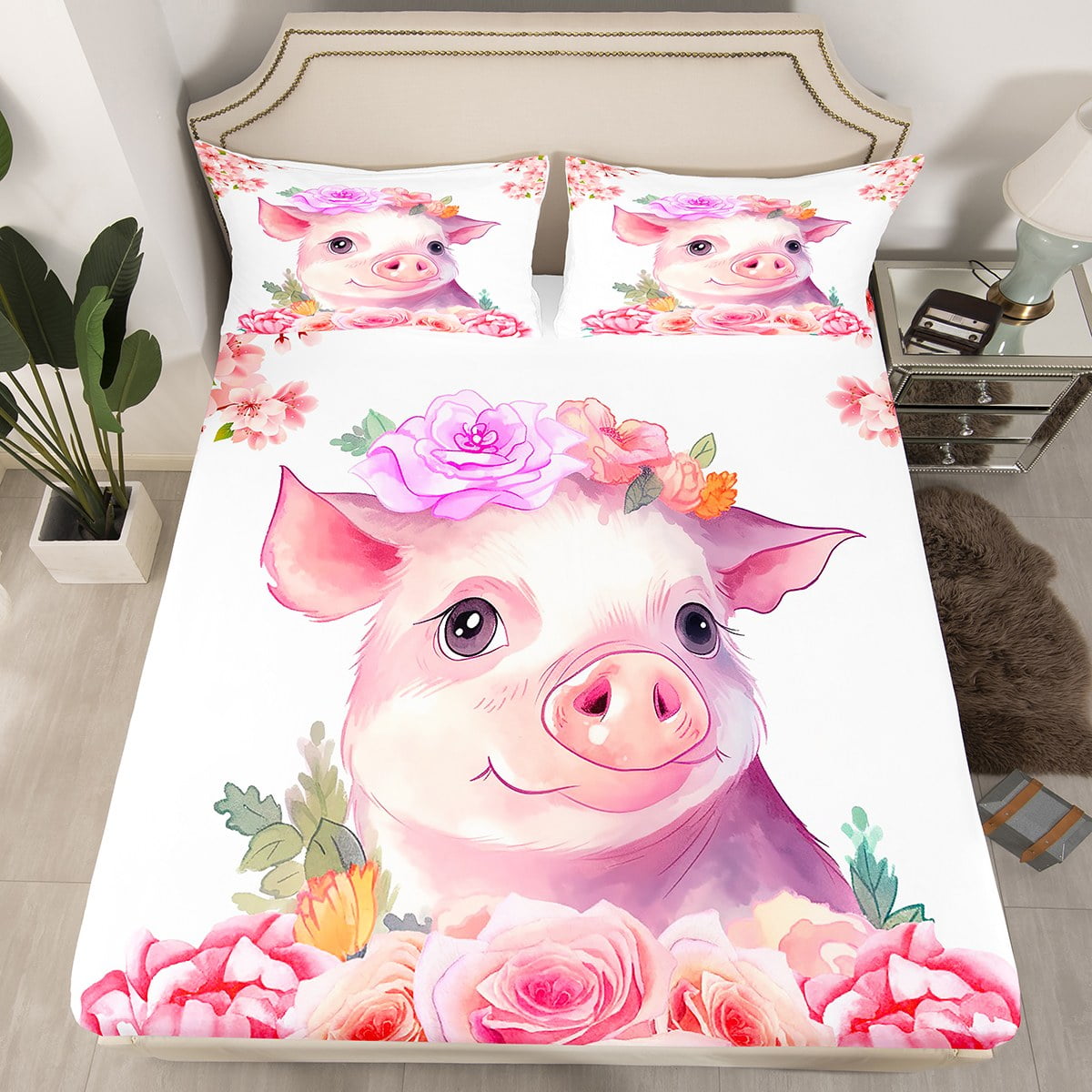 YST Pink Lovely Pig Bed Sheets Flowers Floral Bedding Set 3Pcs Full ...