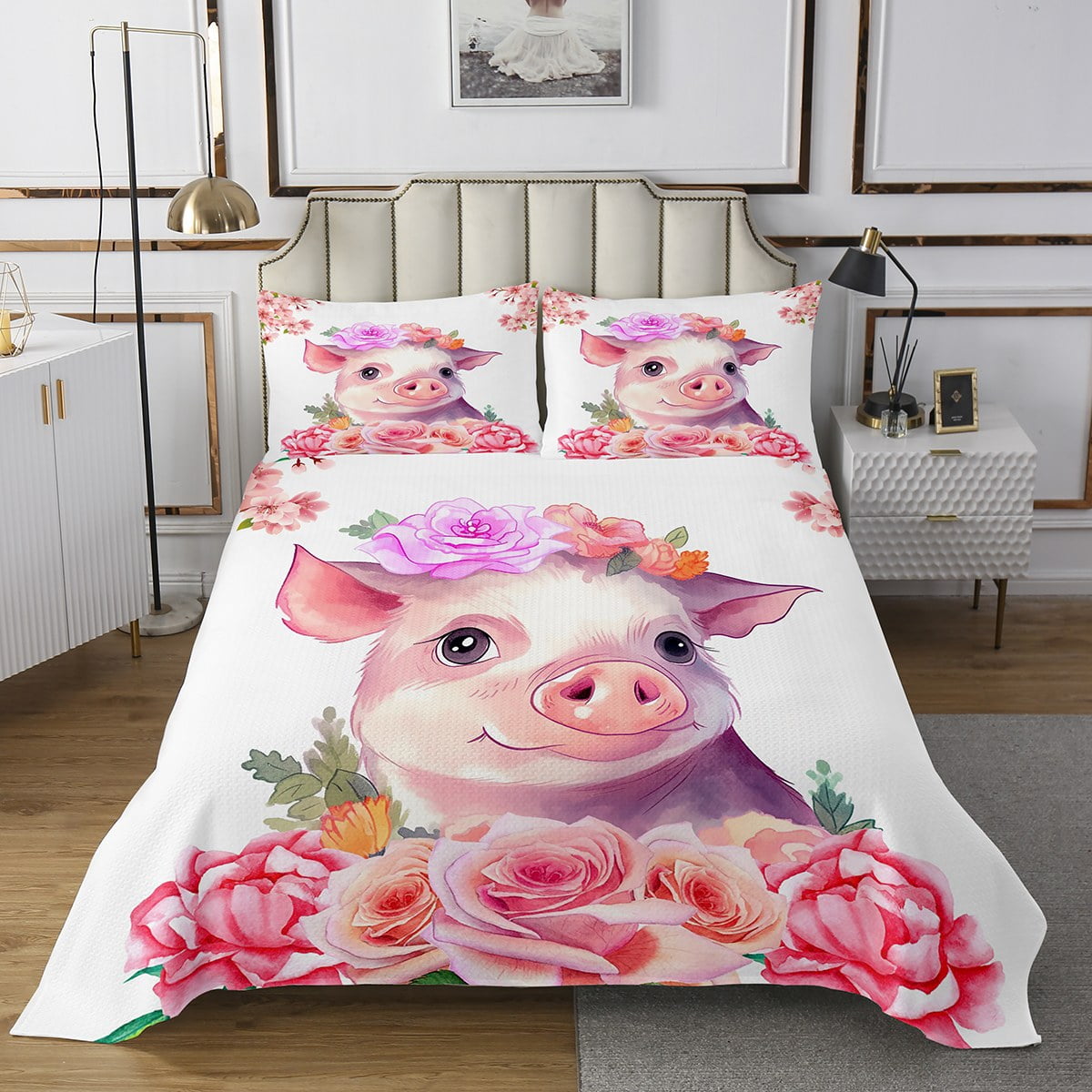 Pink Lovely Pig Bedspread Set Flowers Floral Coverlet Set 3Pcs Queen ...
