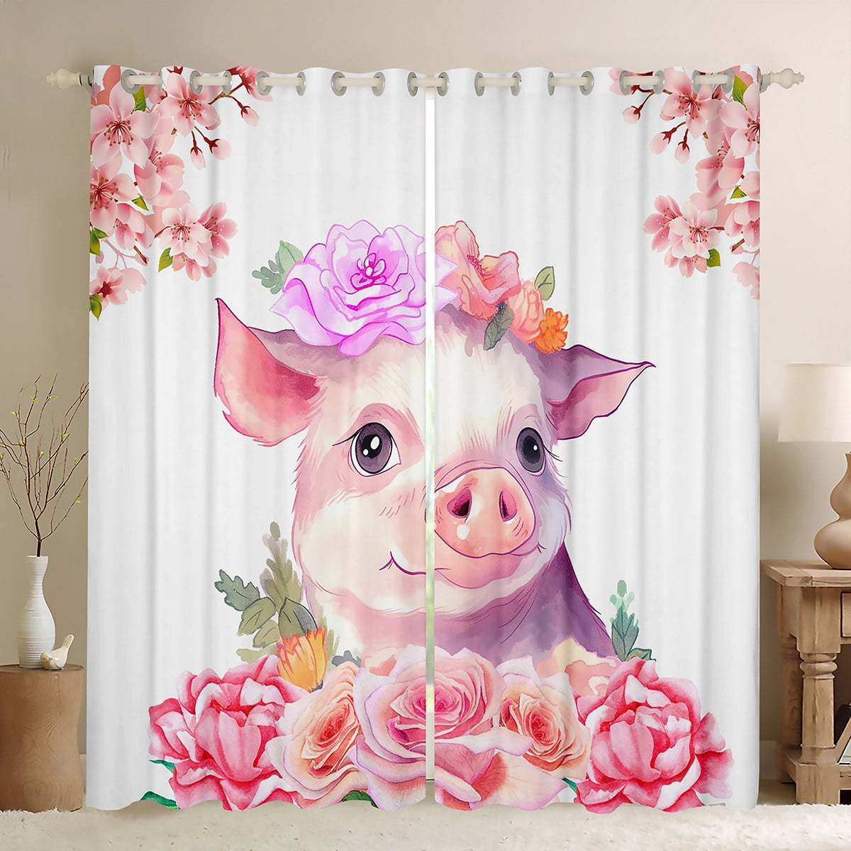 YST Pink Lovely Pig Curtains Flowers Floral Curtains & Drapes, Cartoon ...