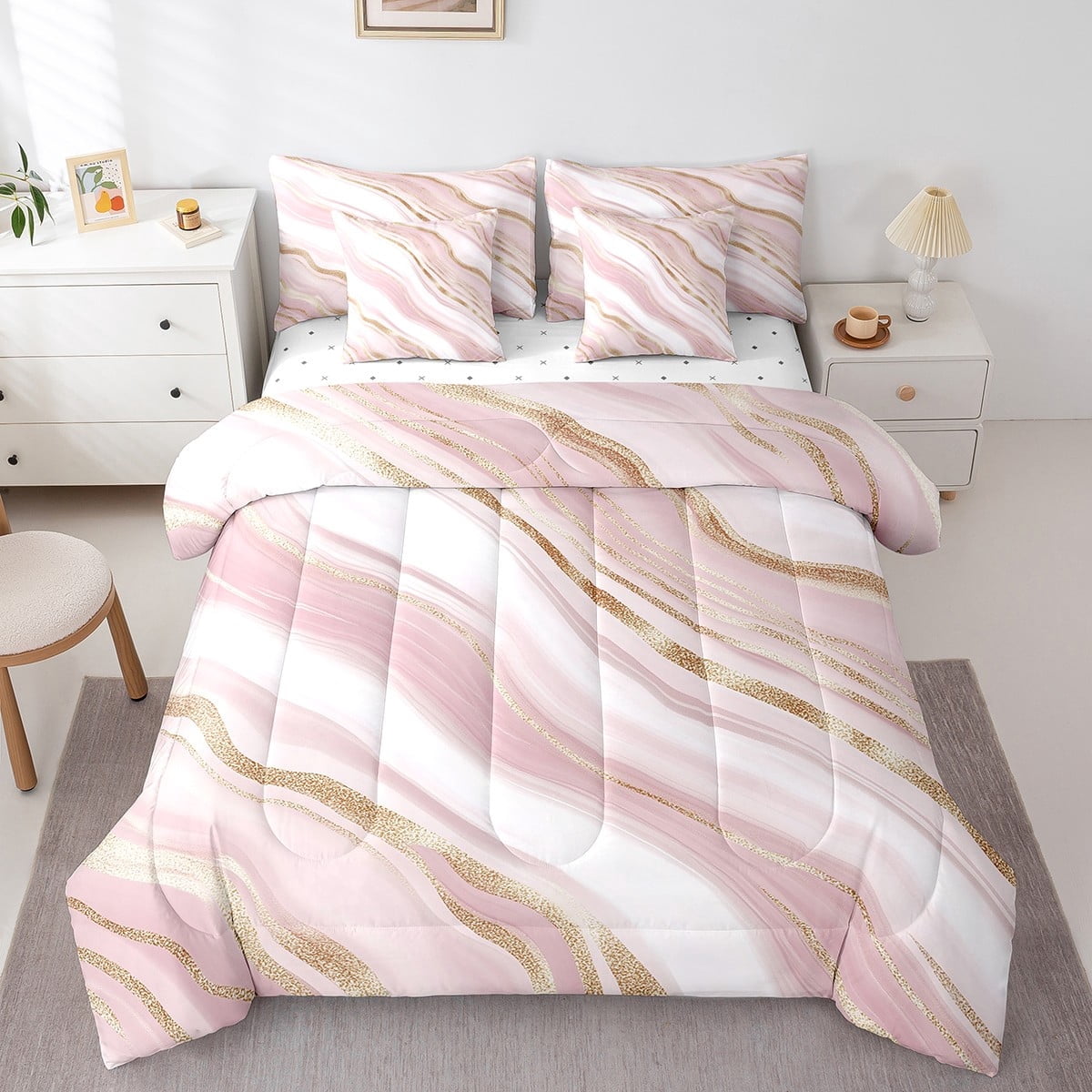 Pink Marble 7 Piece Bedding Sets King Size,Gold Glitter Fluid Comforter ...