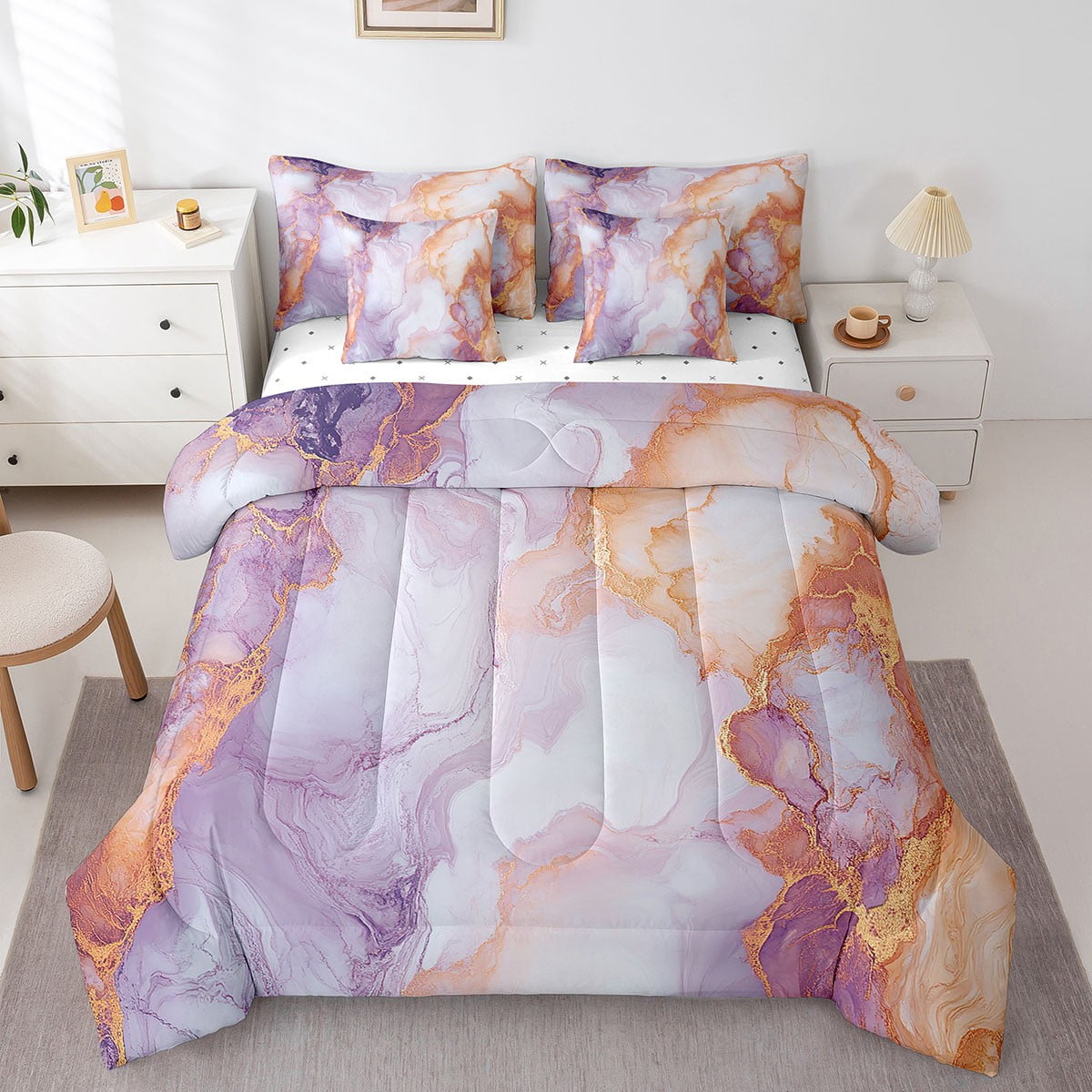 YST Pink Marble Comforter Set 7 Piece Queen Size, Modern Abstract ...