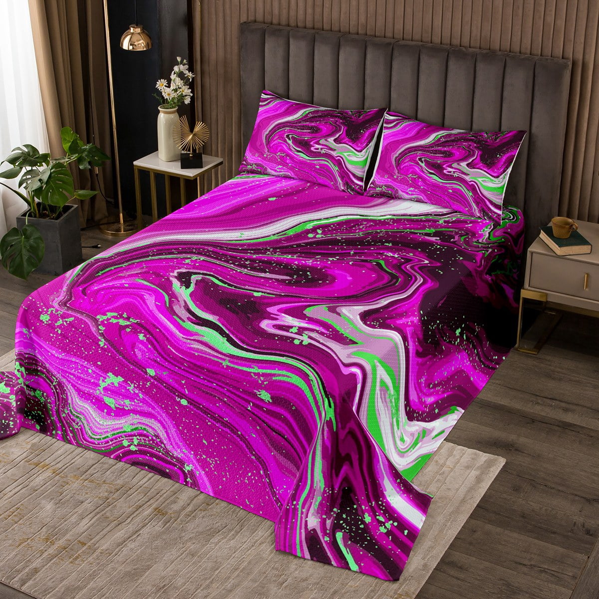 YST Pink Marble King Quilt Set Purple Watercolor Coverlet Set, Marbling ...