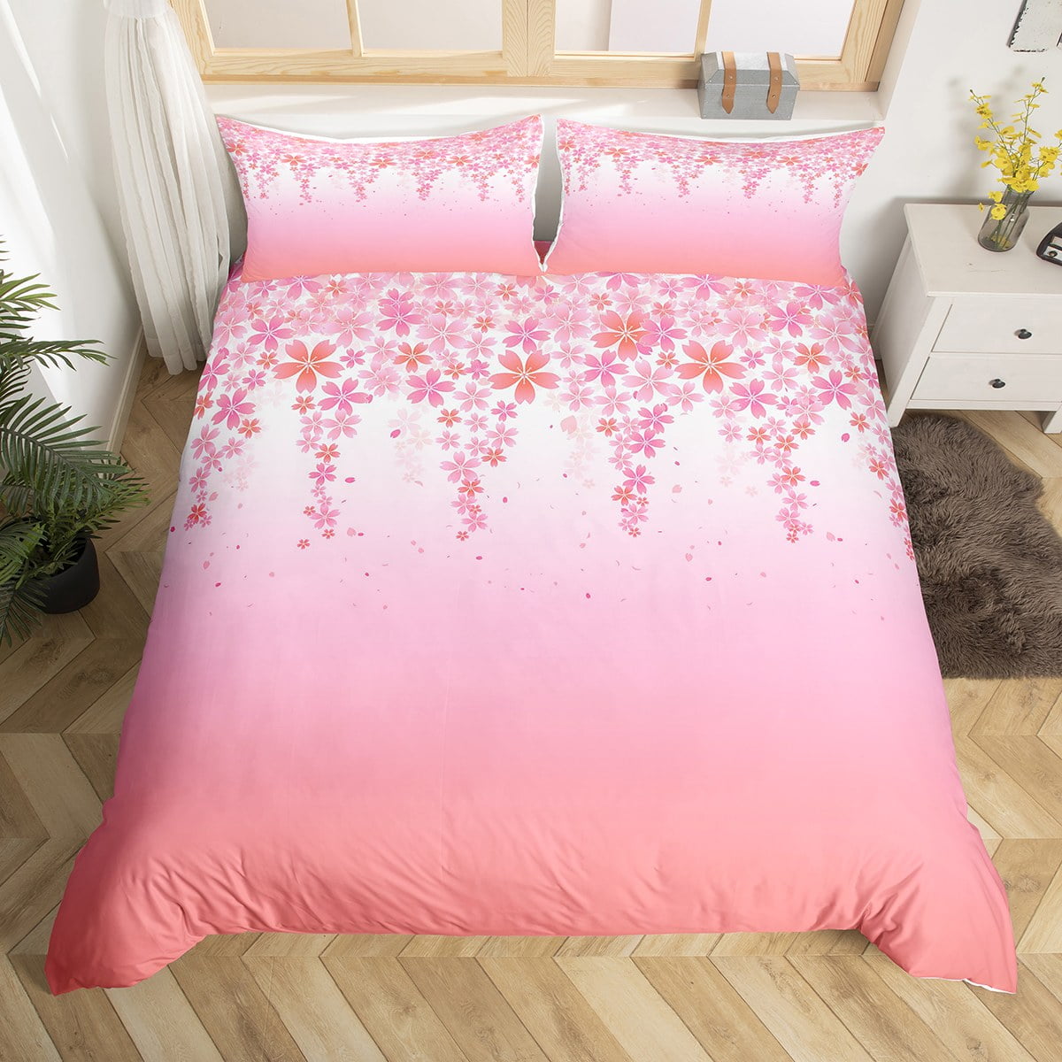 YST Pink Ombre Comforter Cover Japanese Bed Set, Chic Flower Duvet ...