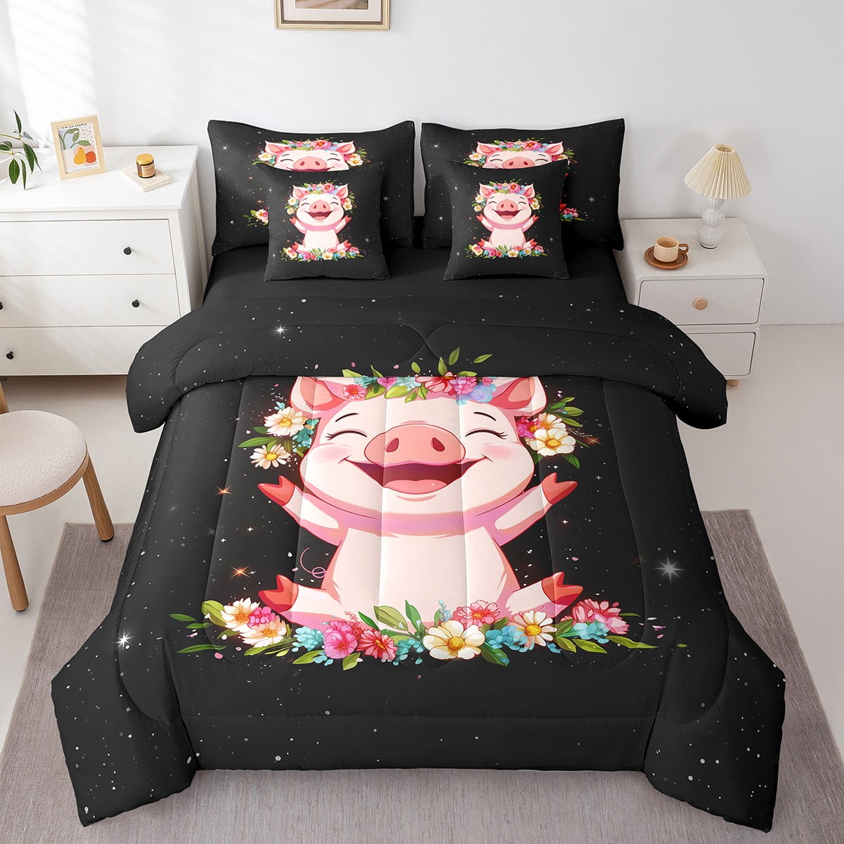 Pink Pig 7 Piece Comforter Set Kawaii Room Decor Queen,Rose Floral Leaf ...
