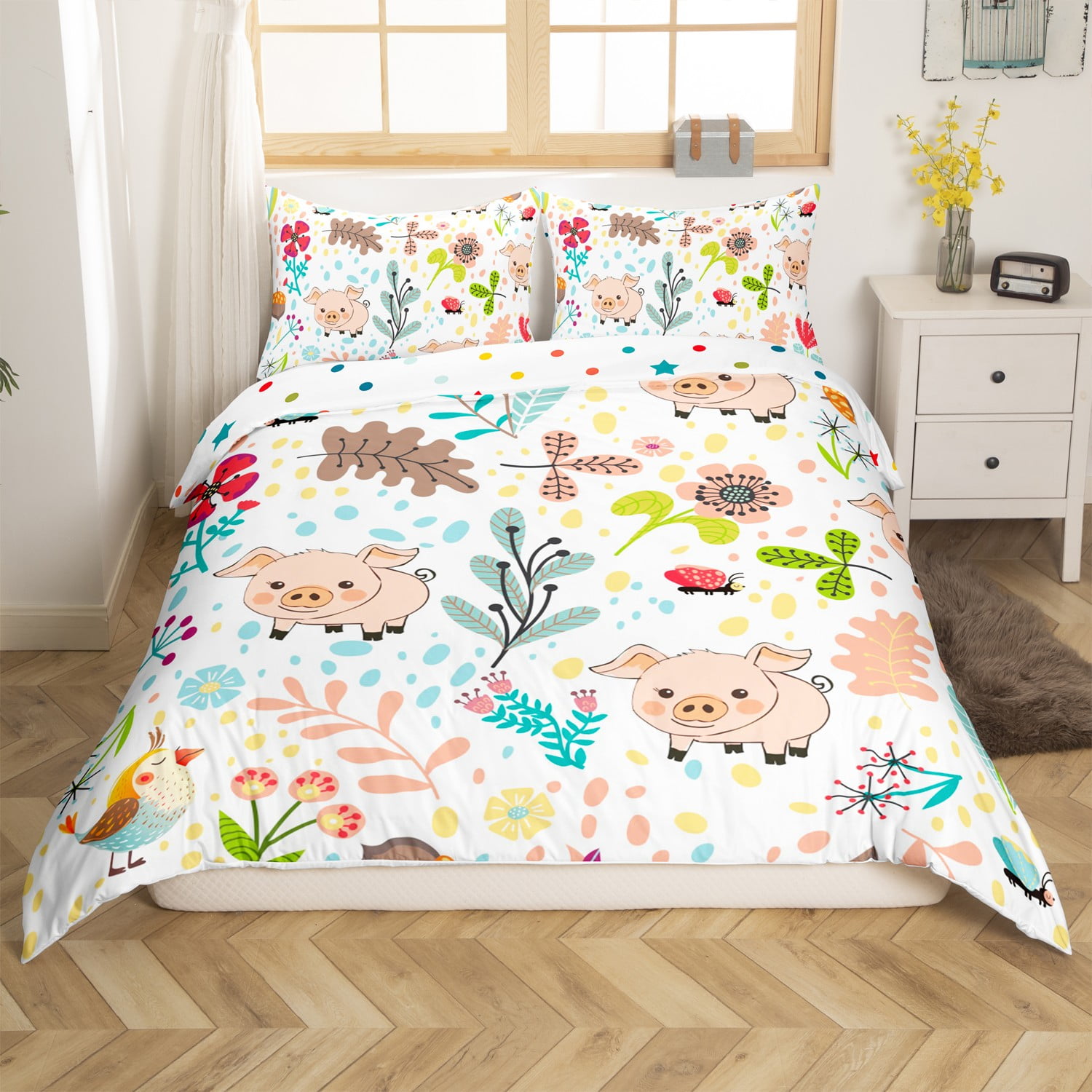 YST Pink Pig Comforter Cover For Girls Queen Kawaii Pigs Bedding Set ...