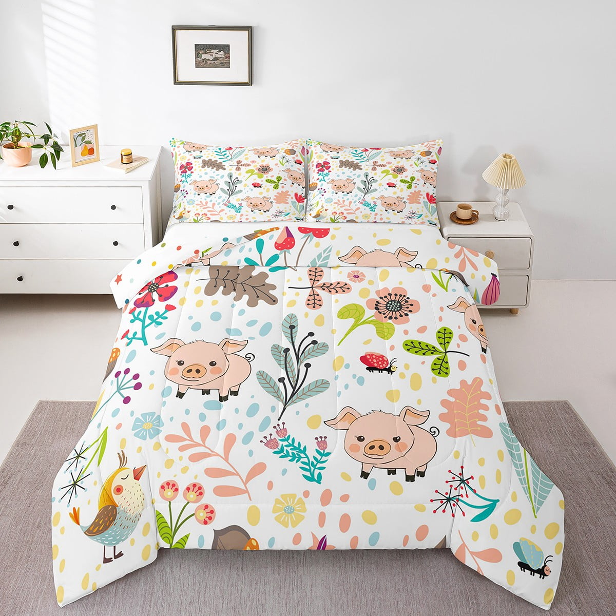 Erosebridal Pink Pig Comforter Set For Girls Twin Kawaii Pigs Bedding ...