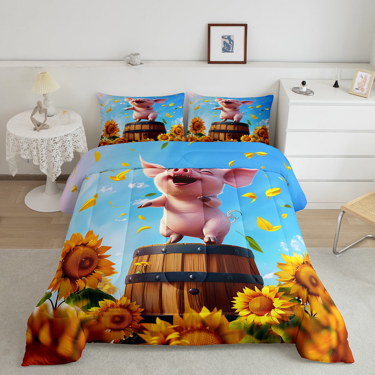 YST Pink Pig Queen Size Comforter Set,Kawaii Cartoon Pig Bedding Set ...