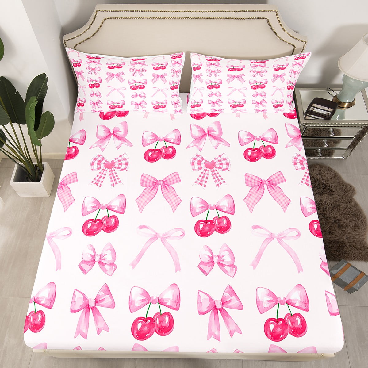 YST Pink Plaid Bow Bed Sheets Twin Cute Bowknot Fitted Sheet Girls ...