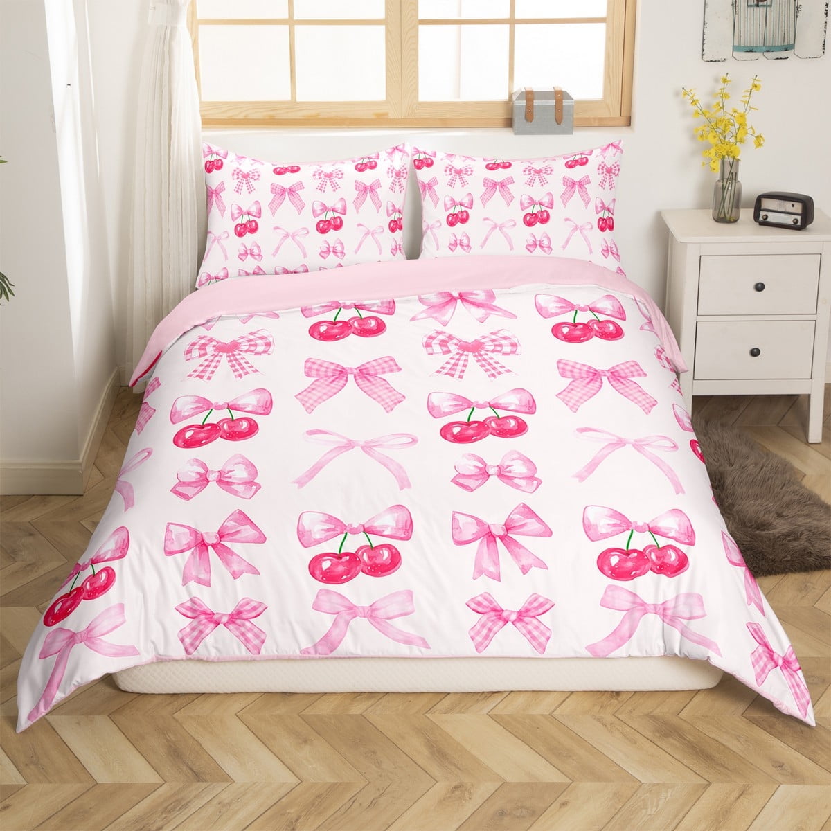 YST Pink Plaid Bow Comforter Cover Twin Cute Bowknot Duvet Cover Girls ...