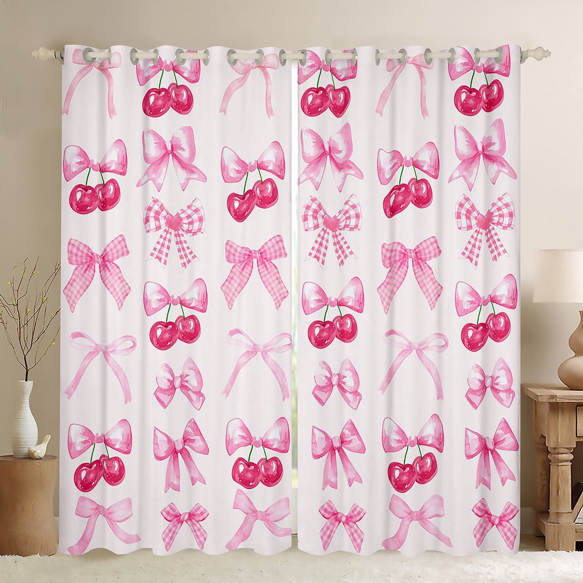 YST Pink Plaid Bow Window Curtains 38"Wx54"L Cute Bowknot Blackout Curtains Girls Grids Ribbon ...