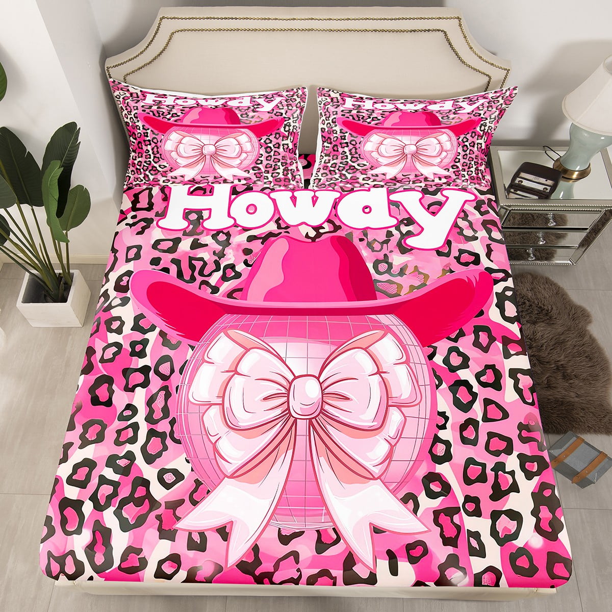 YST Pink Preppy Fitted Sheet Disco Cowgirl Room Decor, Pink Ribbon ...