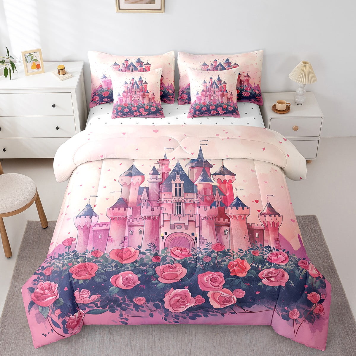 YST Pink Princess Bed in a Bag 7-Piece for Girls Dreamy Castle Bedding ...