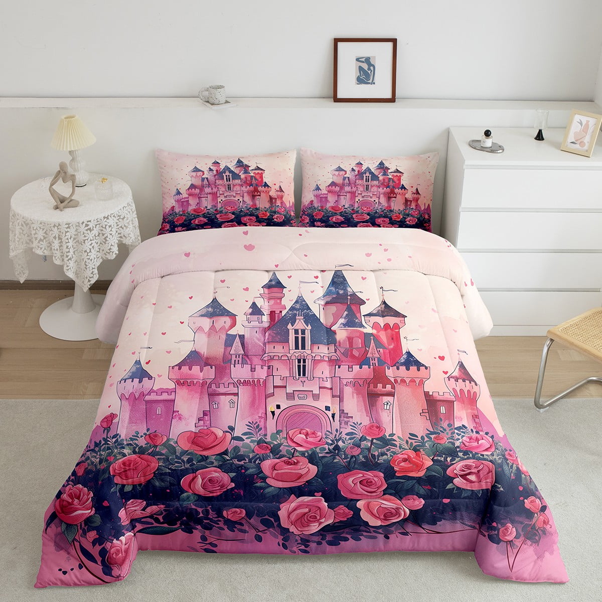 Erosebridal Pink Princess Twin Comforter Set Dreamy Castle Bedding Set ...