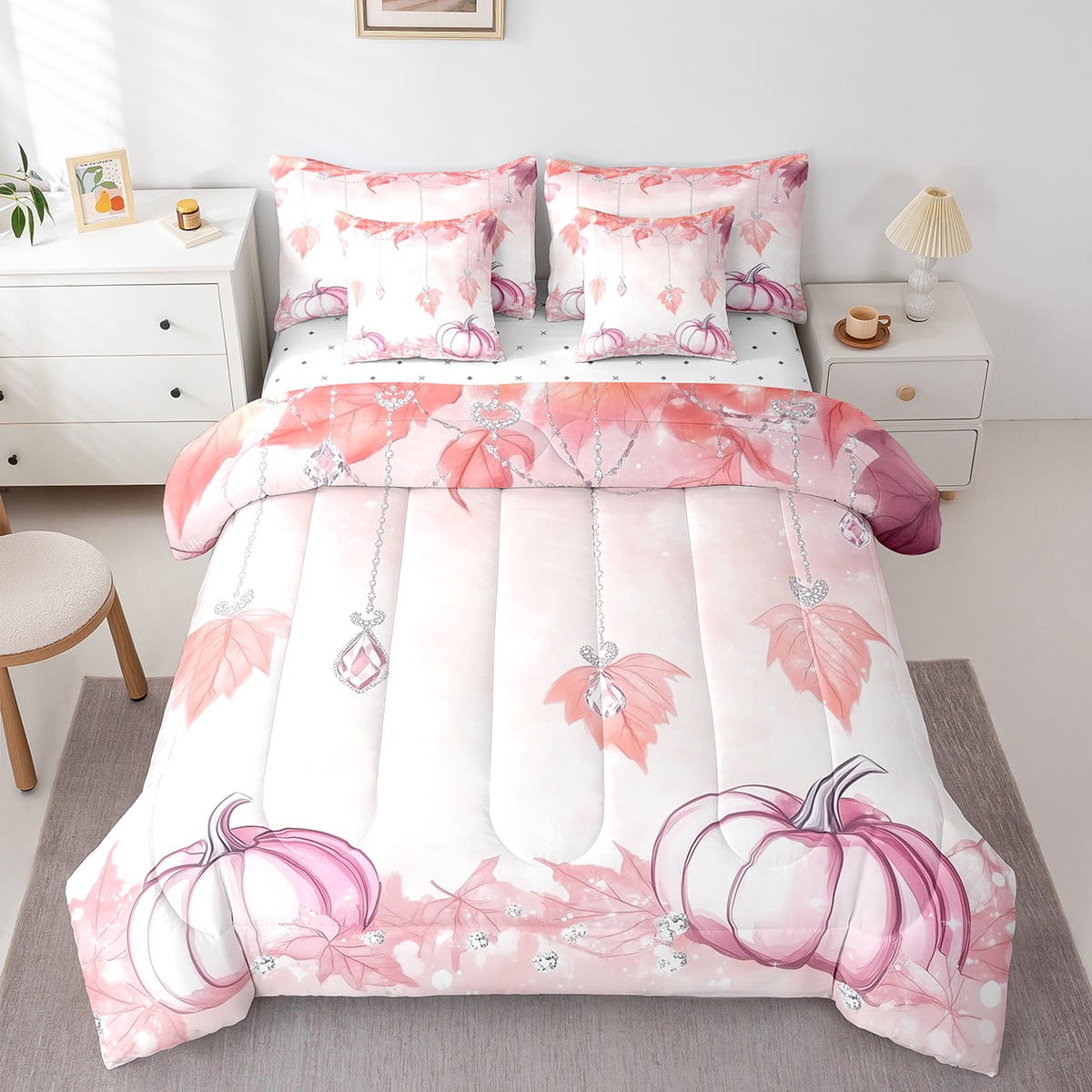 Pink Pumpkin Queen Bedding Set 7 Piece,Fall Maple Leaf Comforter Set ...