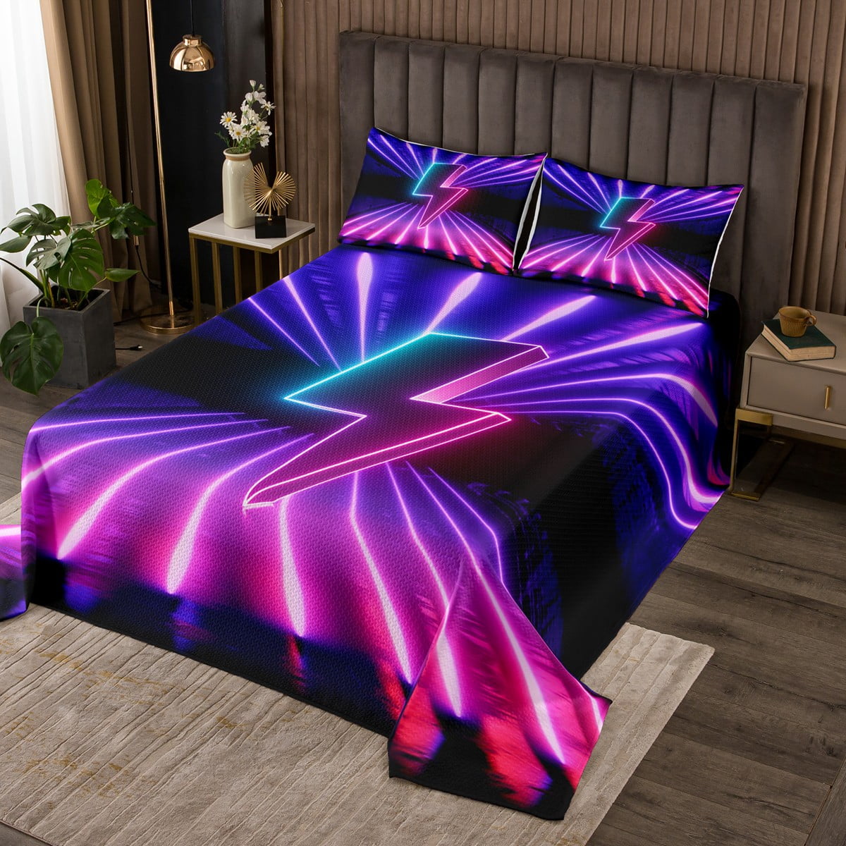 Erosebridal Pink Purple Black Bedspread Set Neon Lightning Striped ...