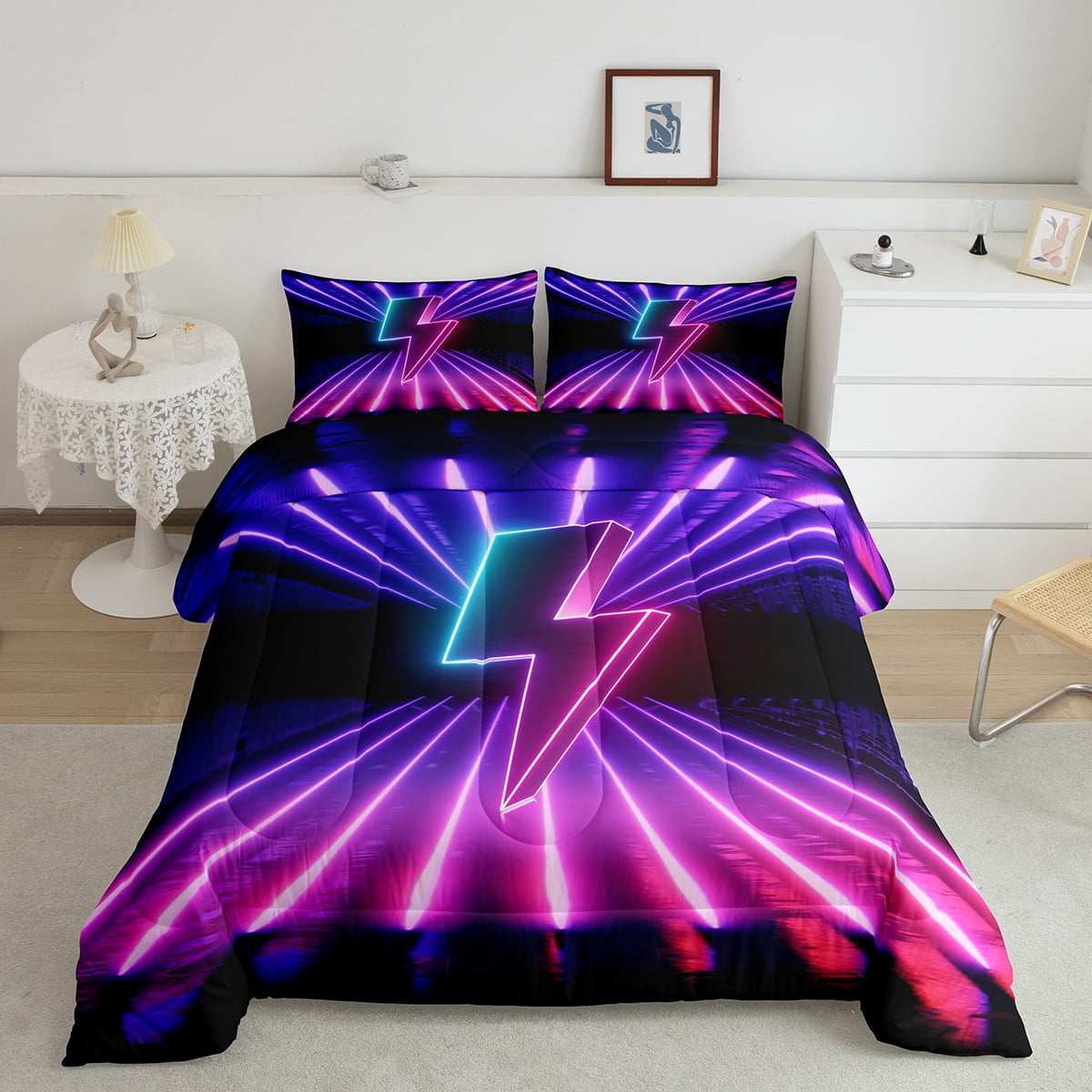 YST Pink Purple Black Comforter Set Neon Lightning Striped Bedding Set ...