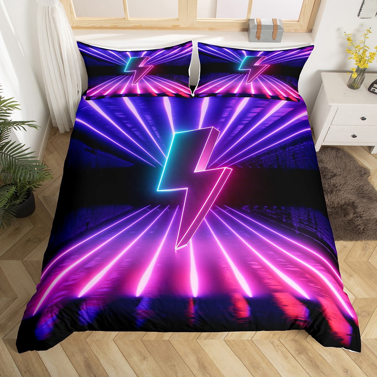 Erosebridal Pink Purple Black Duvet Cover Neon Lightning Striped Bed ...