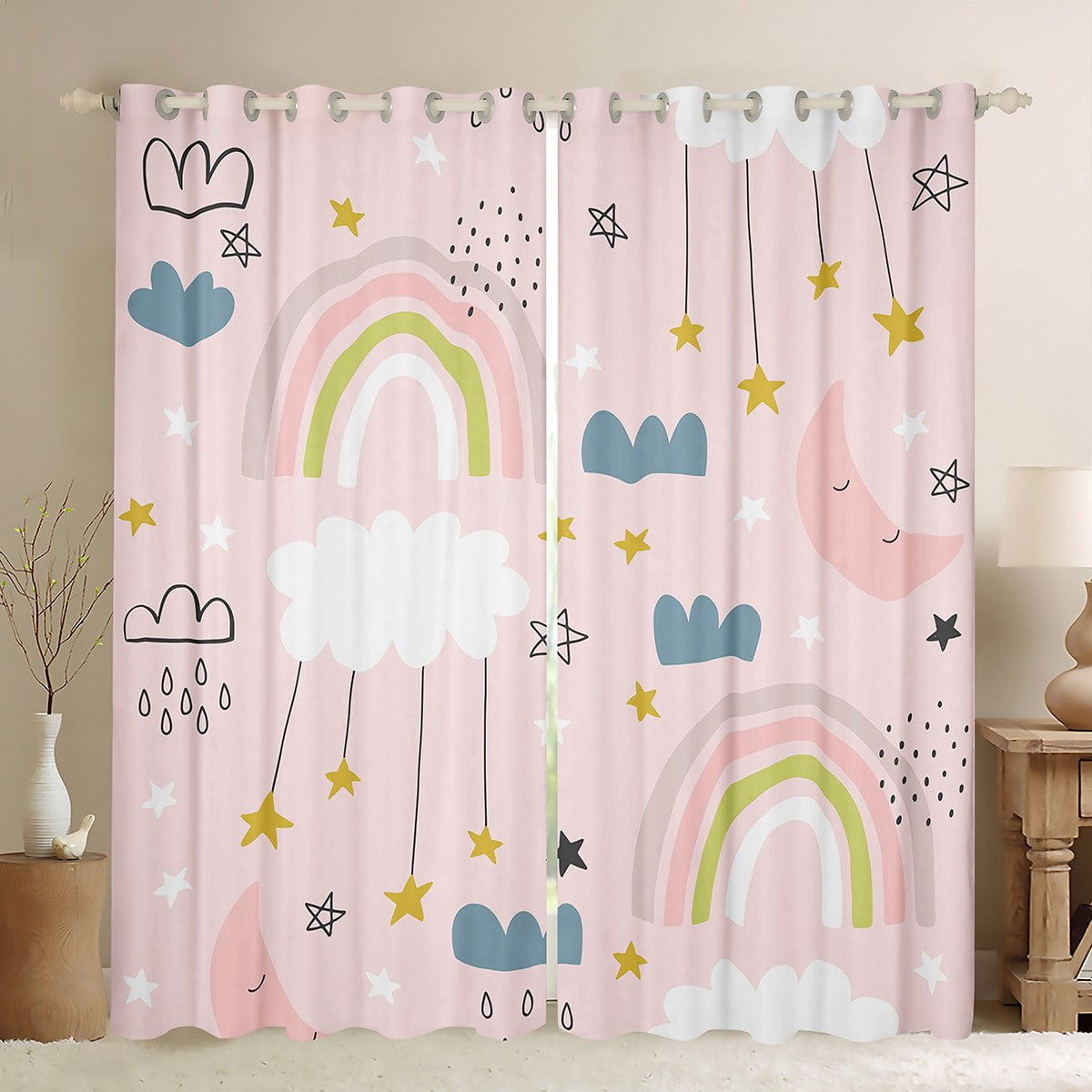 Pink Rainbow 30%-50% Blackout Curtains 42"Wx84"L Star Moon Curtains ...