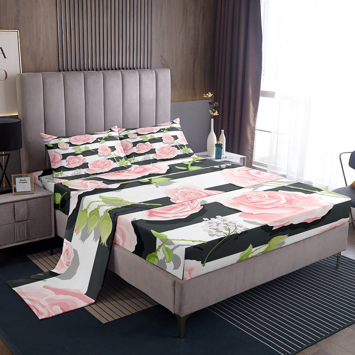 Erosebridal Pink Rose Bed Set Women Grey White Stripe Bed Sheets Set ...