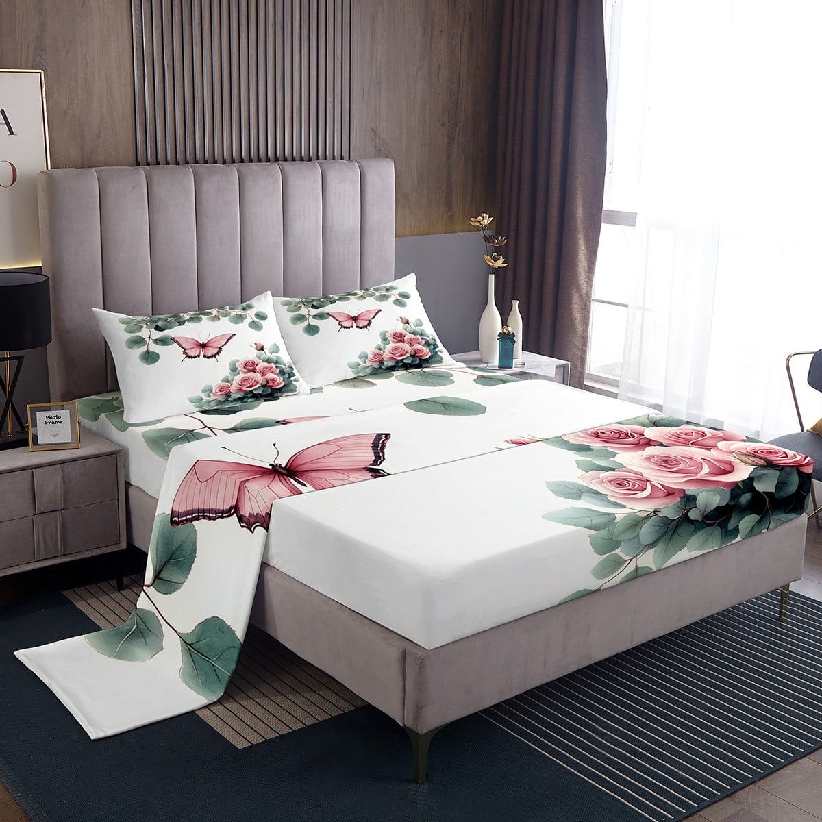 Pink Rose Floral Full Bed Sheets Set,Green Leaf Botanical Plant Bedding ...