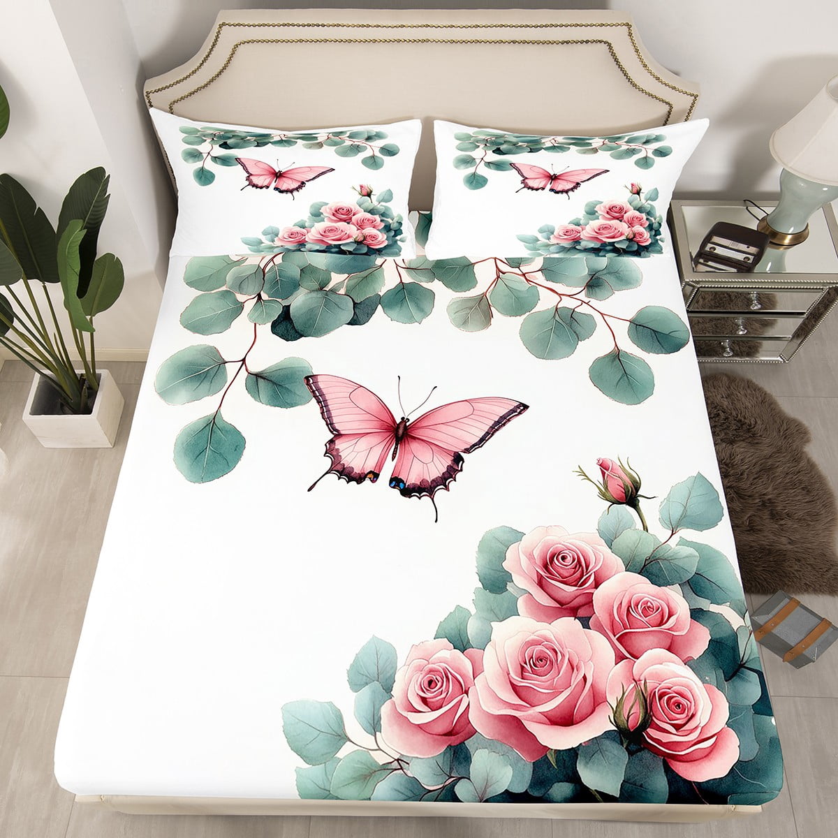 Pink Rose Floral Queen Fitted Sheet,Green Leaf Botanical Plant Bedding ...
